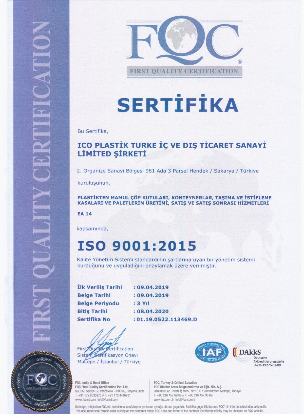 Sertifikalar ve Belgeler - İco Plastik